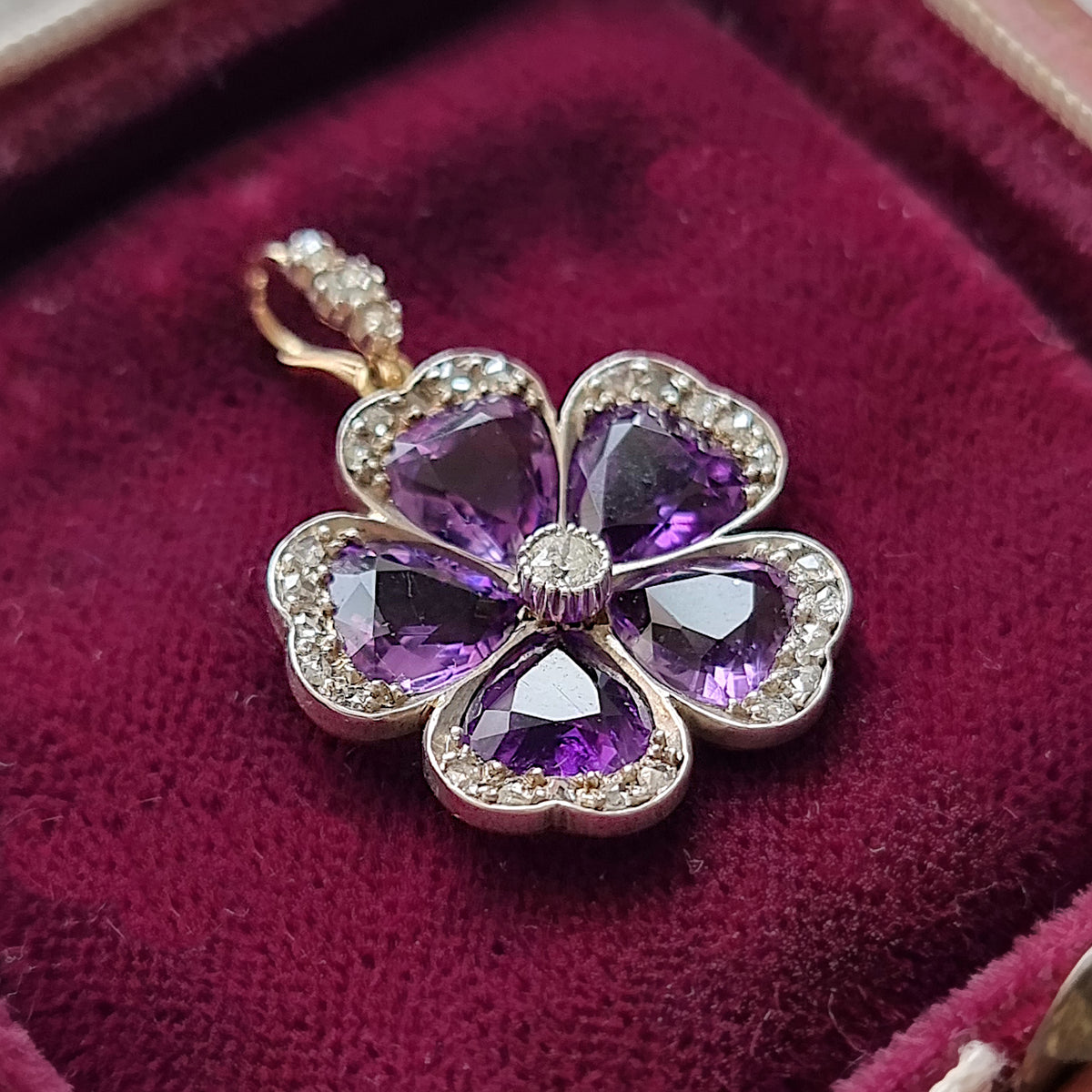Victorian Gold & Silver Amethyst and Diamond Pansy Flower Pendant ...