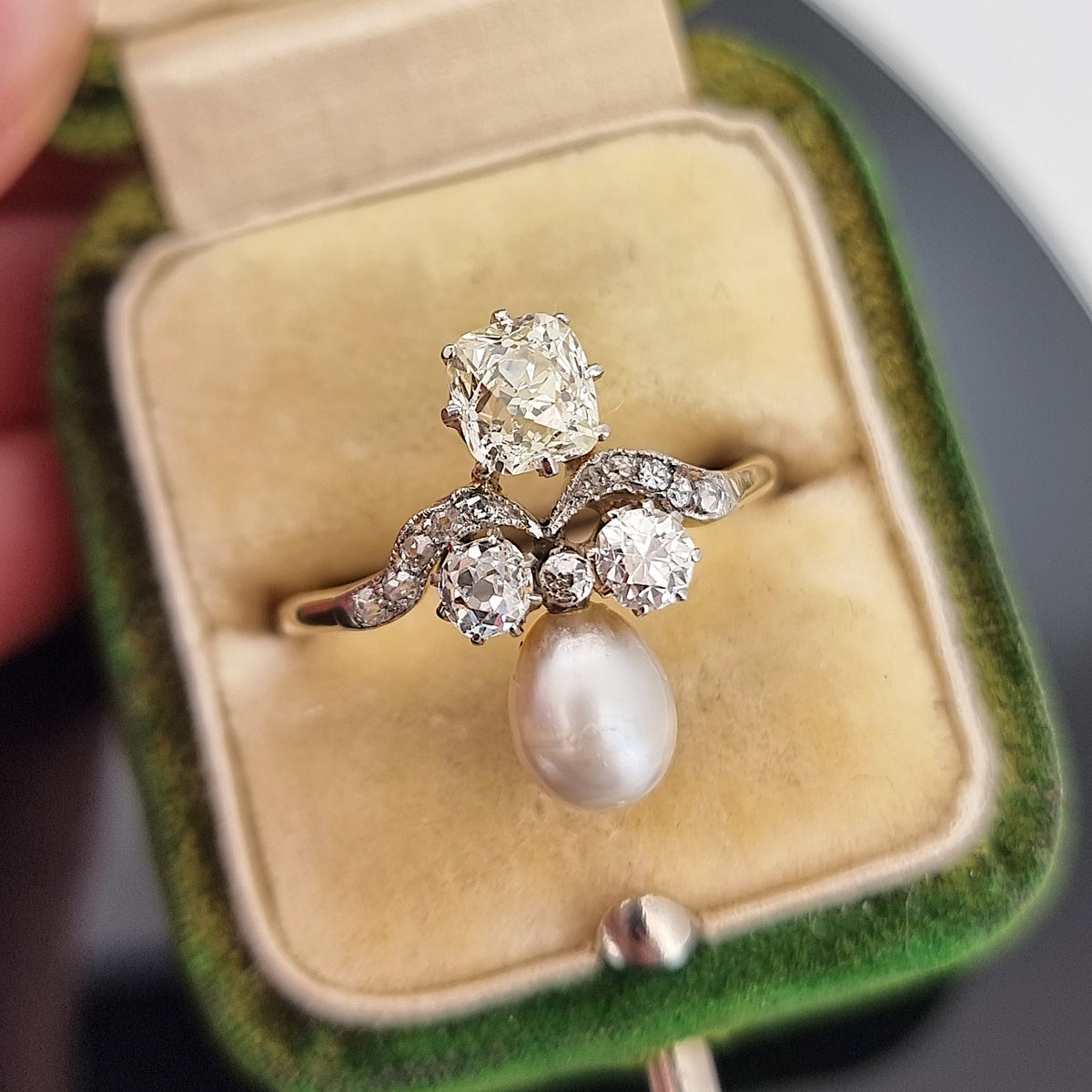 Antique 18ct Gold Saltwater Pearl and Diamond Fancy Cluster Ring ...