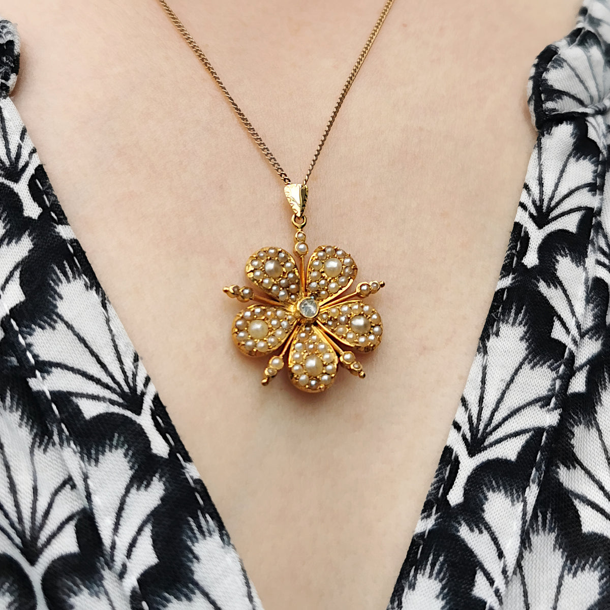 Victorian 15ct Gold Diamond & Seed Pearl Flower Pendant – Jeremy ...
