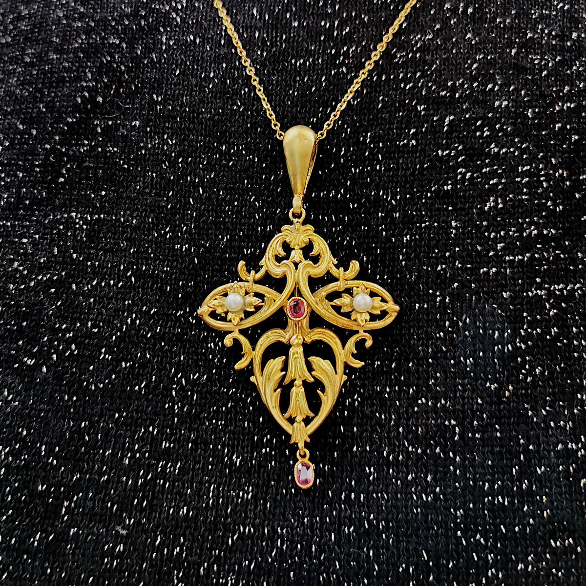 Art Nouveau 14ct Gold Ruby and Pearl Pendant with 9ct Gold Chain ...